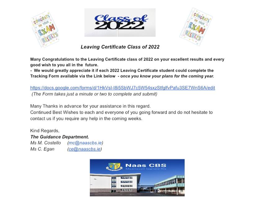Final Reminder RE Leaving Certificate Class 2022 Tracking - Naas CBS