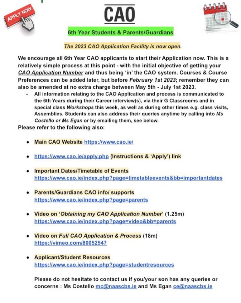 CAO Applications now open for 6th Year Students - Naas CBS
